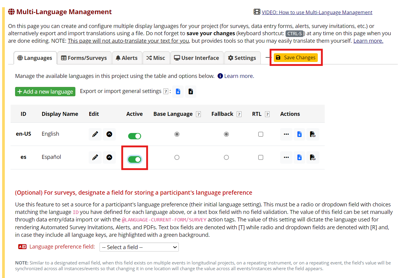 Multi-Language Management Tool (MLM) - Basic System Settings – UCD REDCap Help Center