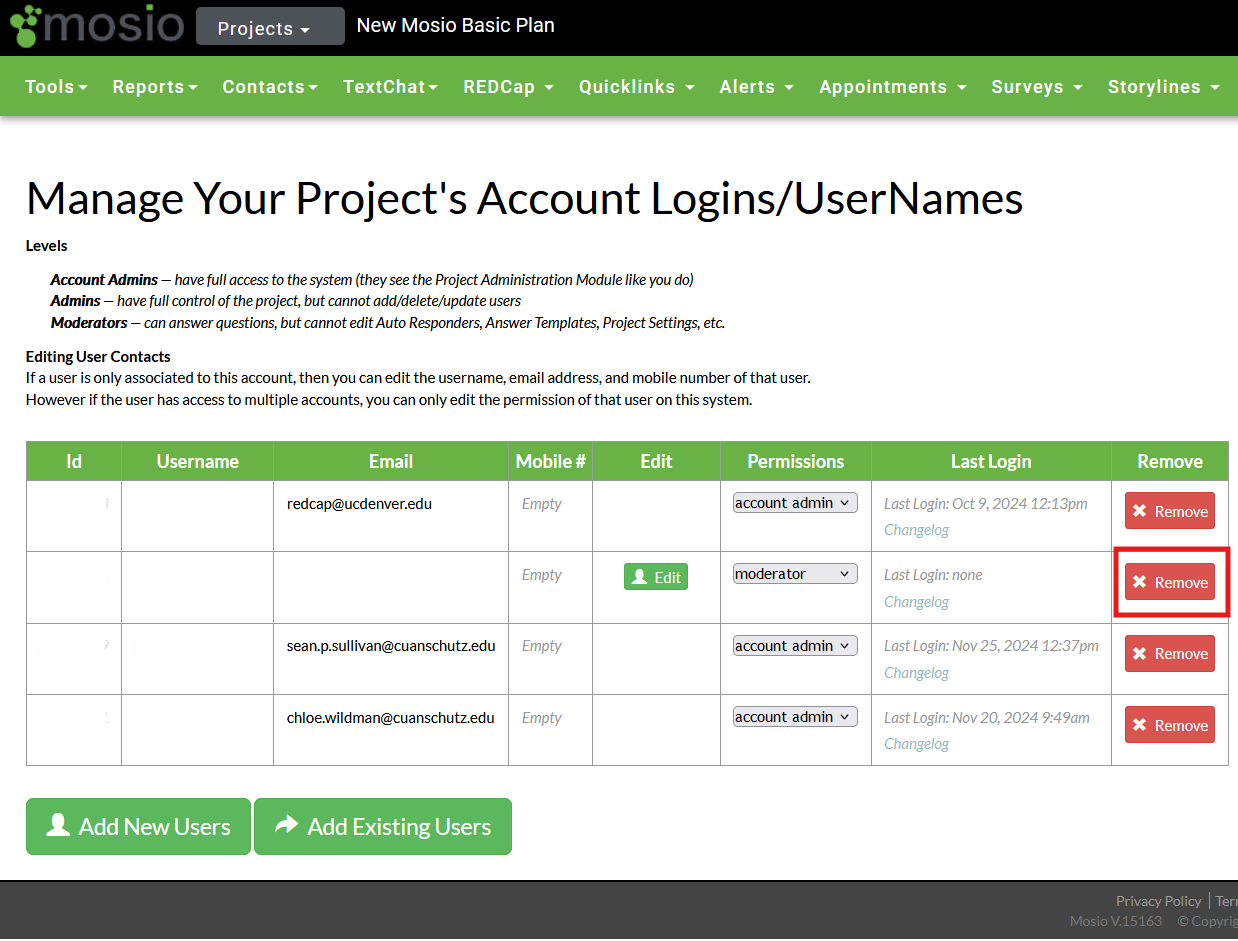 Adding and Managing Users on a Mosio Project – UCD REDCap Help Center
